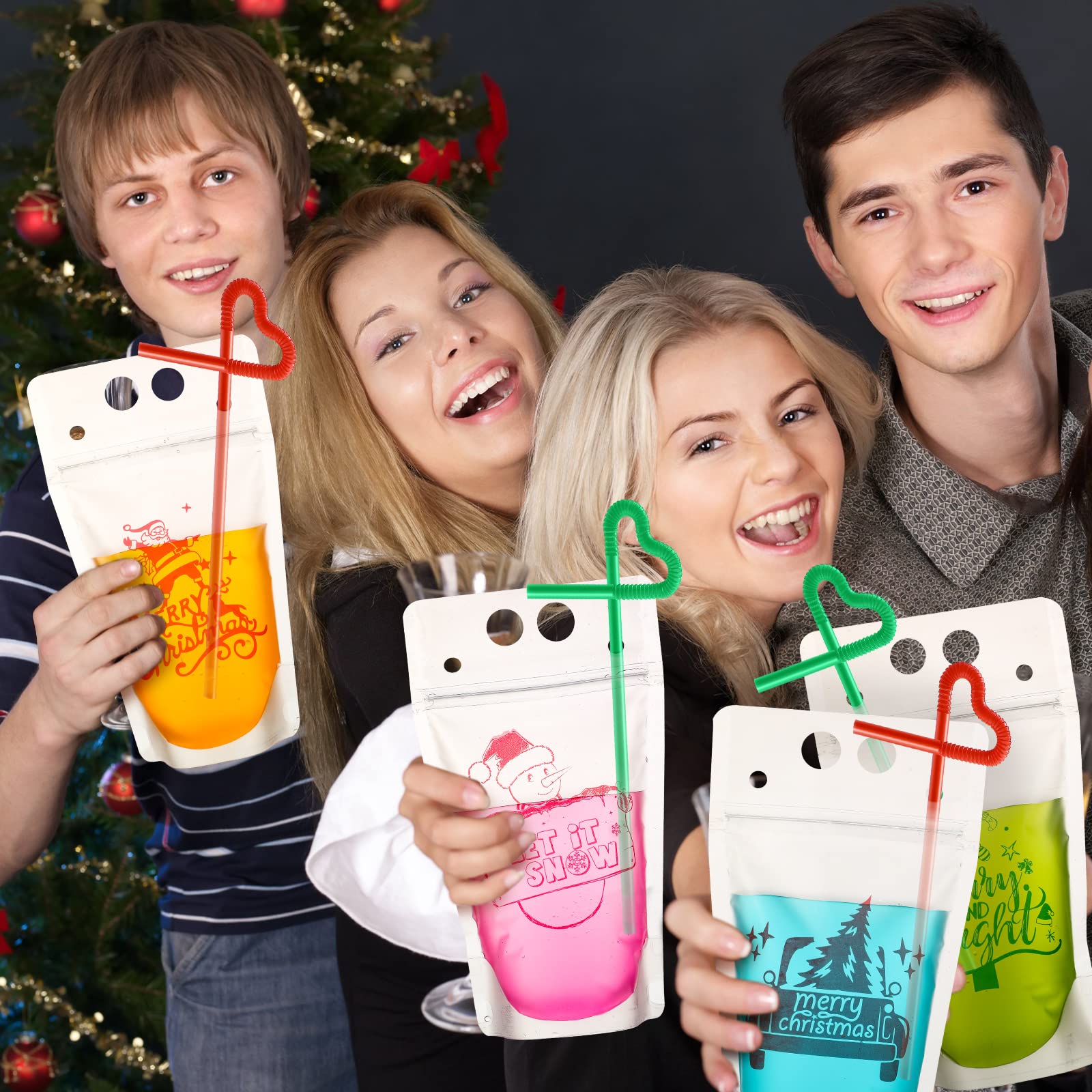 Spiareal 24 Set Christmas Drink Pouches for Adult with Straw, Drink Bags Reclosable Plastic Drink Pouches Xmas Juice Pouch for Christmas Party New Year Beverage Juice Cocktail