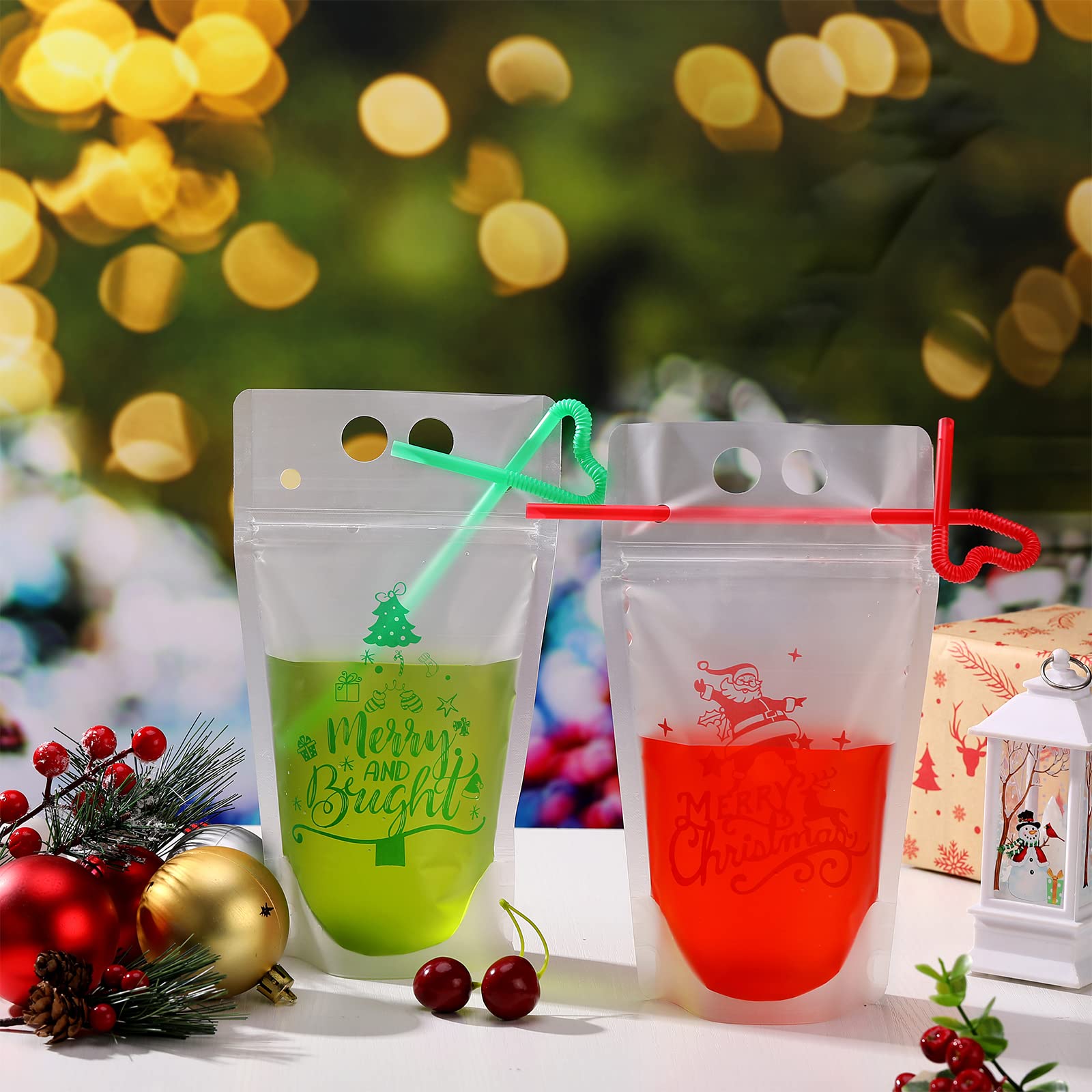 Spiareal 24 Set Christmas Drink Pouches for Adult with Straw, Drink Bags Reclosable Plastic Drink Pouches Xmas Juice Pouch for Christmas Party New Year Beverage Juice Cocktail