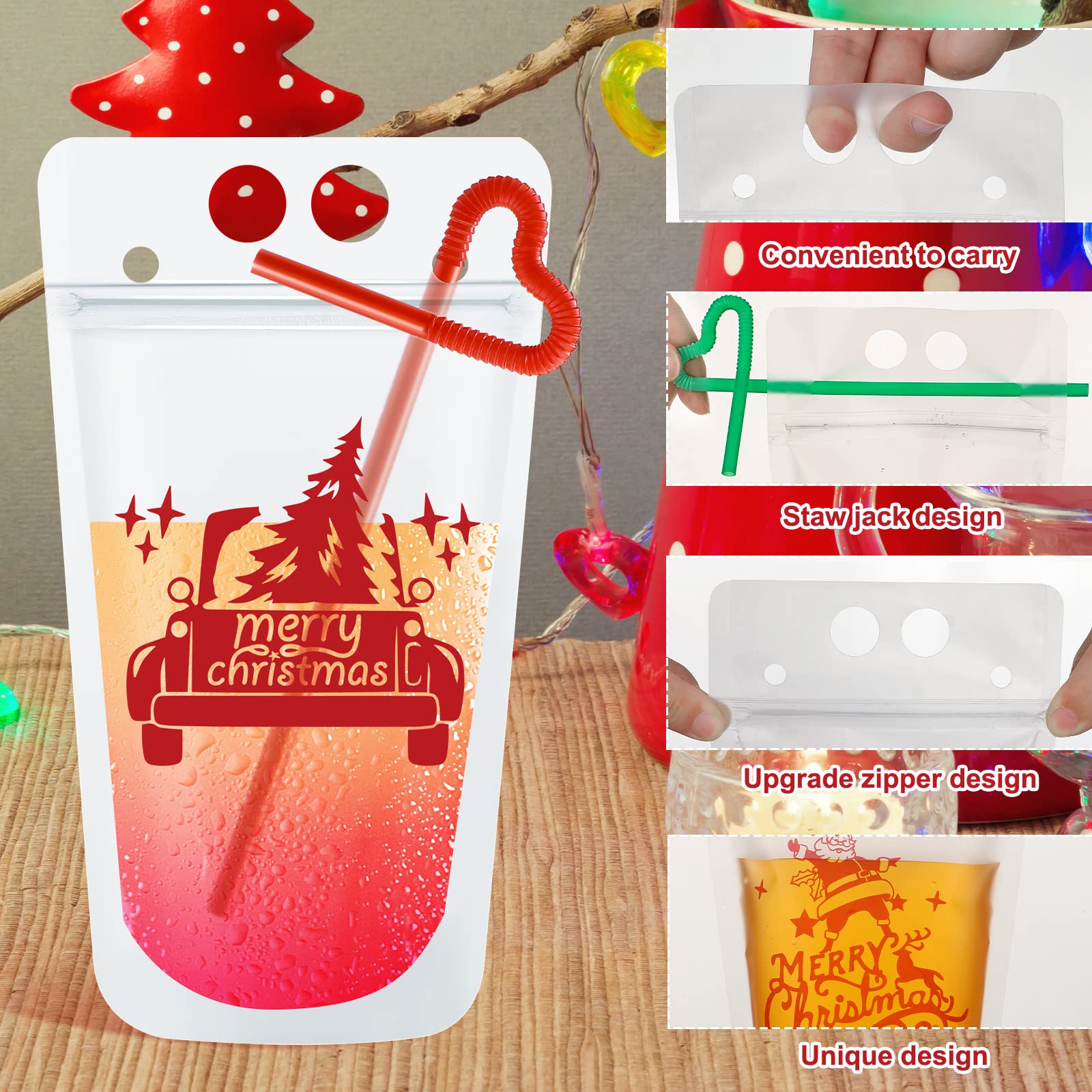 Spiareal 24 Set Christmas Drink Pouches for Adult with Straw, Drink Bags Reclosable Plastic Drink Pouches Xmas Juice Pouch for Christmas Party New Year Beverage Juice Cocktail