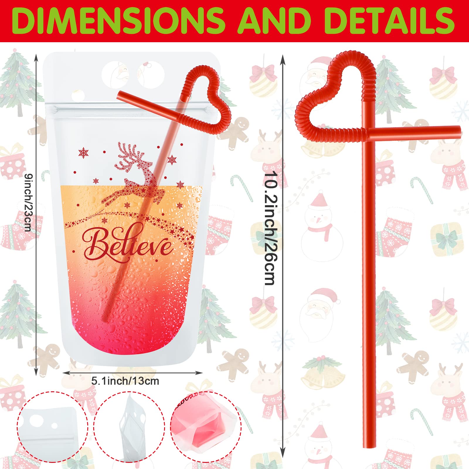 Spiareal 24 Set Christmas Drink Pouches for Adult with Straw, Drink Bags Reclosable Plastic Drink Pouches Xmas Juice Pouch for Christmas Party New Year Beverage Juice Cocktail