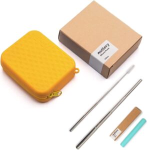 outlery | collapsible, reusable straw for travel and day trips stainless steel metal straw bundle with silicone pouch for outlery travel cutlery (yellow) - a silicone pocket to protect