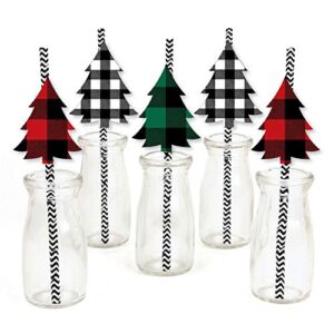 big dot of happiness holiday plaid trees - paper straw decor - buffalo plaid christmas party striped decorative straws - set of 24