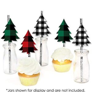 Big Dot of Happiness Holiday Plaid Trees - Paper Straw Decor - Buffalo Plaid Christmas Party Striped Decorative Straws - Set of 24