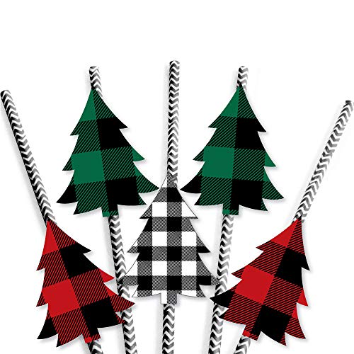 Big Dot of Happiness Holiday Plaid Trees - Paper Straw Decor - Buffalo Plaid Christmas Party Striped Decorative Straws - Set of 24