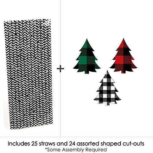 Big Dot of Happiness Holiday Plaid Trees - Paper Straw Decor - Buffalo Plaid Christmas Party Striped Decorative Straws - Set of 24