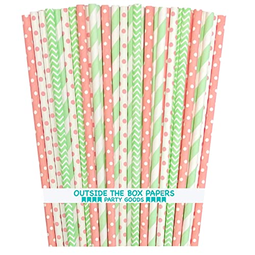 Pink Mint Green and White Paper Straws - Stripe Chevron Polka Dot - Wedding Baby Shower Birthday Party Supply - 100 Pack - Outside the Box Papers Brand