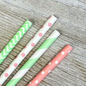 Pink Mint Green and White Paper Straws - Stripe Chevron Polka Dot - Wedding Baby Shower Birthday Party Supply - 100 Pack - Outside the Box Papers Brand