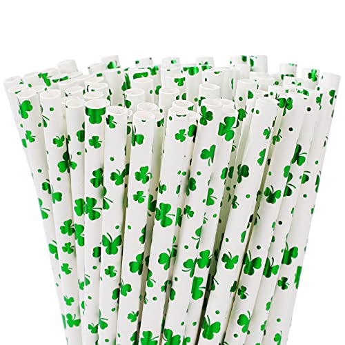 Whaline 200Pcs St. Patrick's Day Paper Straws Foil Green Shamrocks Disposable Straws Clover Print White Drinking Straws Irish Holiday Decorative Straws for Beverages Cocktail Birthday Party Supplies