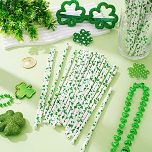 Whaline 200Pcs St. Patrick's Day Paper Straws Foil Green Shamrocks Disposable Straws Clover Print White Drinking Straws Irish Holiday Decorative Straws for Beverages Cocktail Birthday Party Supplies