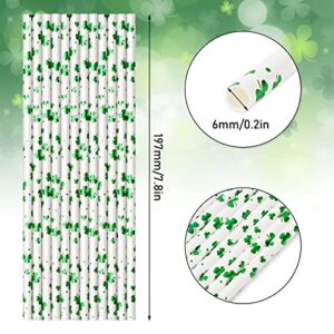 Whaline 200Pcs St. Patrick's Day Paper Straws Foil Green Shamrocks Disposable Straws Clover Print White Drinking Straws Irish Holiday Decorative Straws for Beverages Cocktail Birthday Party Supplies