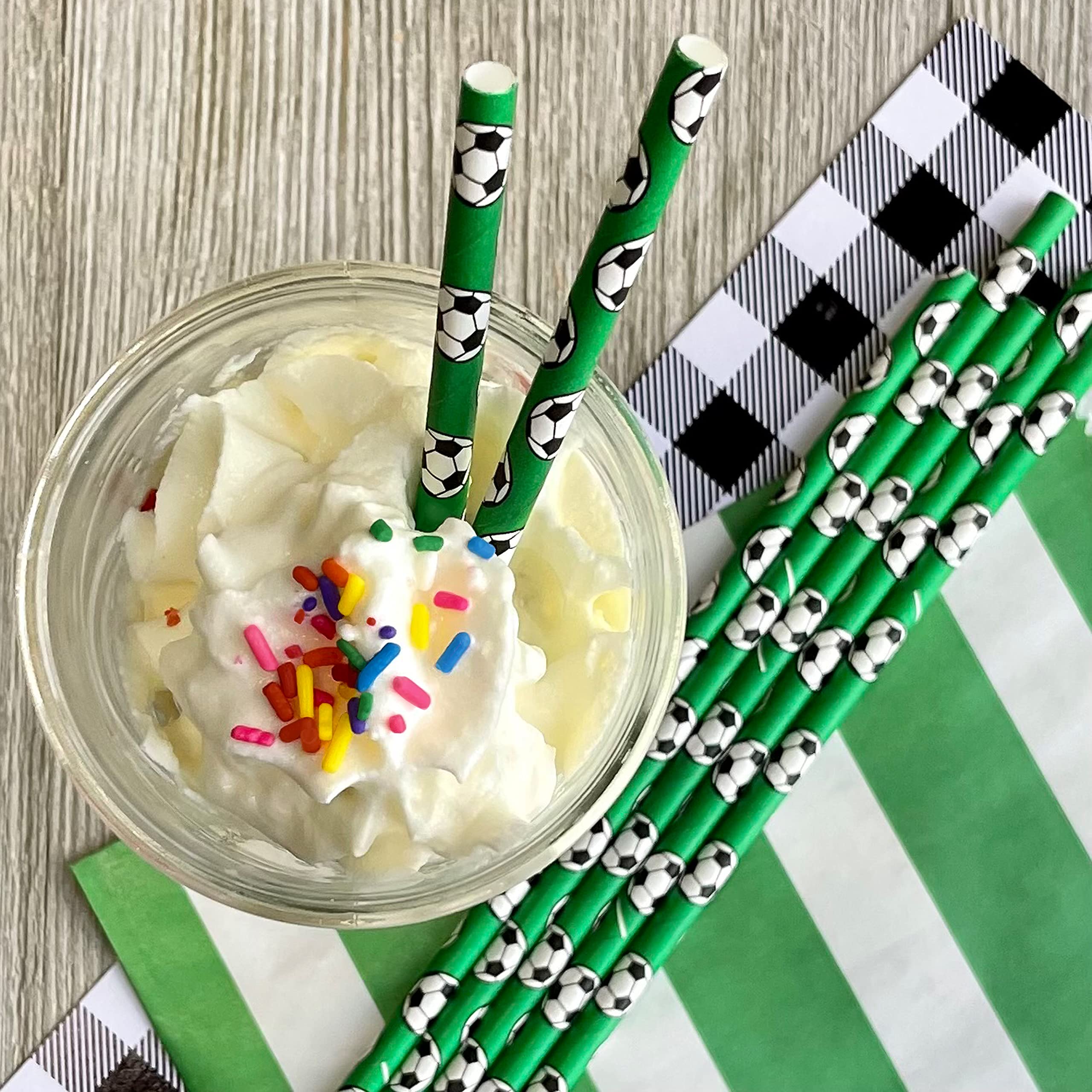 Soccer Ball Paper Straws - White Black Green - Soccer Party Supply - 100 Pack Outside the Box Papers