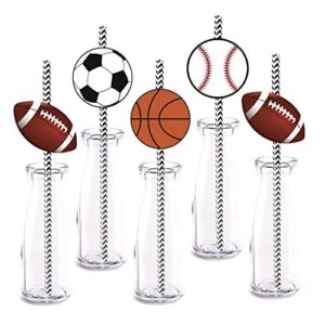 sports straw decor, 24-pack soccer football baseball basketball birthday party supply decorations, paper decorative straws