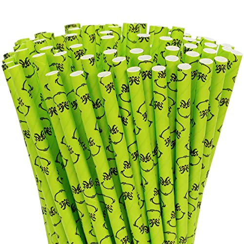 Whaline 200Pcs Christmas Paper Straws Green Cartoon Character Disposable Straws Xmas Funny Face Full Covered Drinking Straws for Christmas Winter Party Wedding Birthday Decoration Supplies