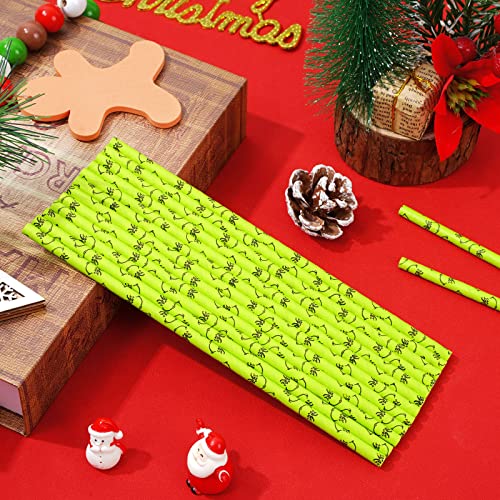 Whaline 200Pcs Christmas Paper Straws Green Cartoon Character Disposable Straws Xmas Funny Face Full Covered Drinking Straws for Christmas Winter Party Wedding Birthday Decoration Supplies