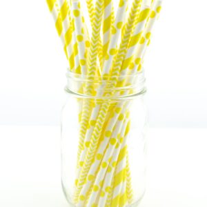 Yellow Wedding Straws, Wholesale Paper Straws, Summer BBQ Party Supplies, Lemonade Drinking Straws (75 Pack) - Yellow Striped, Polka Dot & Chevron Straws