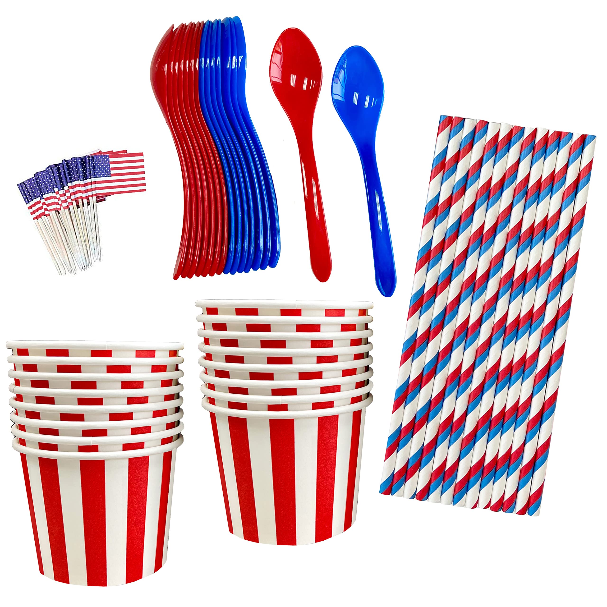 Outside the Box Papers Patriotic Ice Cream Sundae Kit - July Red and White Stripe Paper Treat Cups - Plastic Spoons - American Flag Picks - Paper Straws - 16 Each