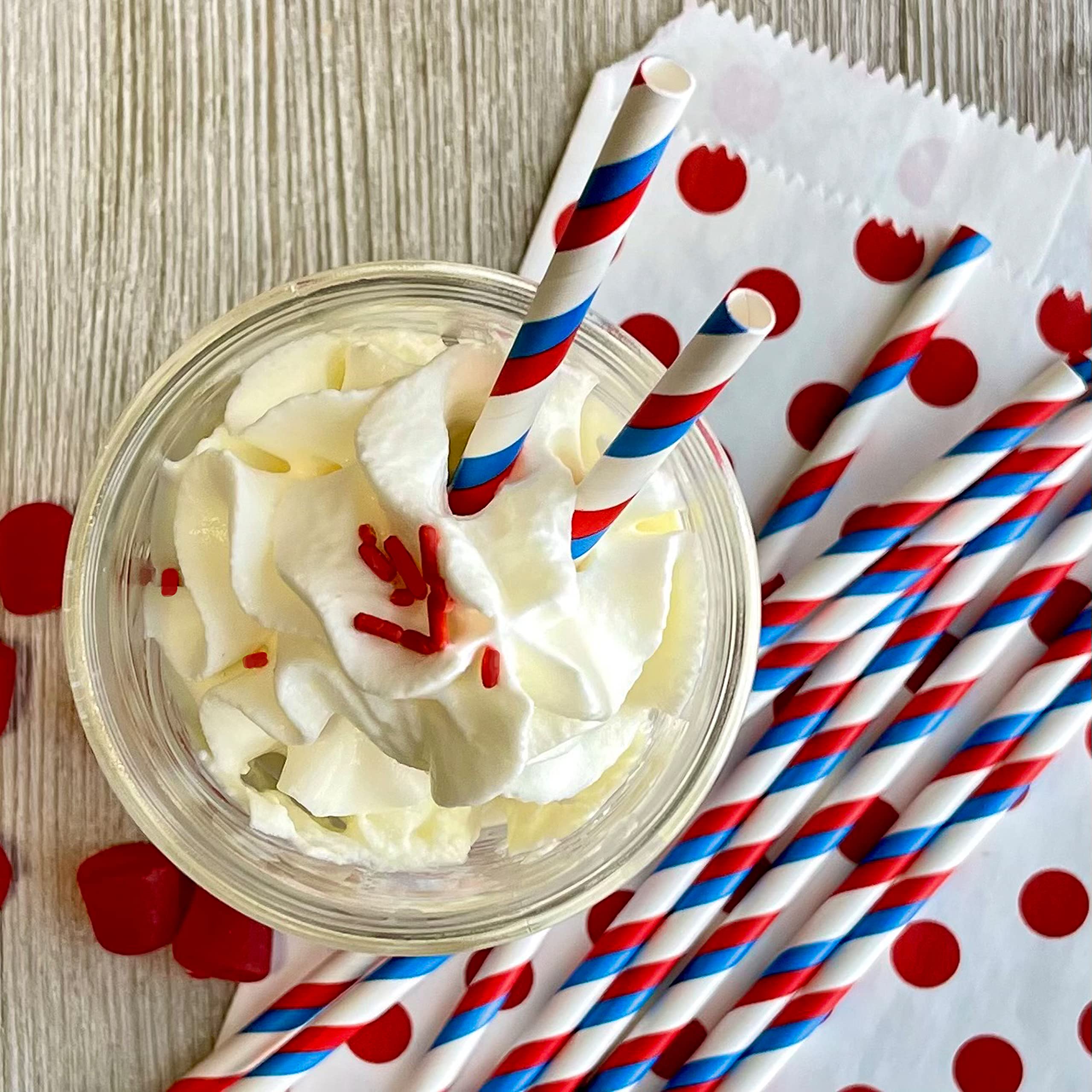 Outside the Box Papers Patriotic Ice Cream Sundae Kit - July Red and White Stripe Paper Treat Cups - Plastic Spoons - American Flag Picks - Paper Straws - 16 Each