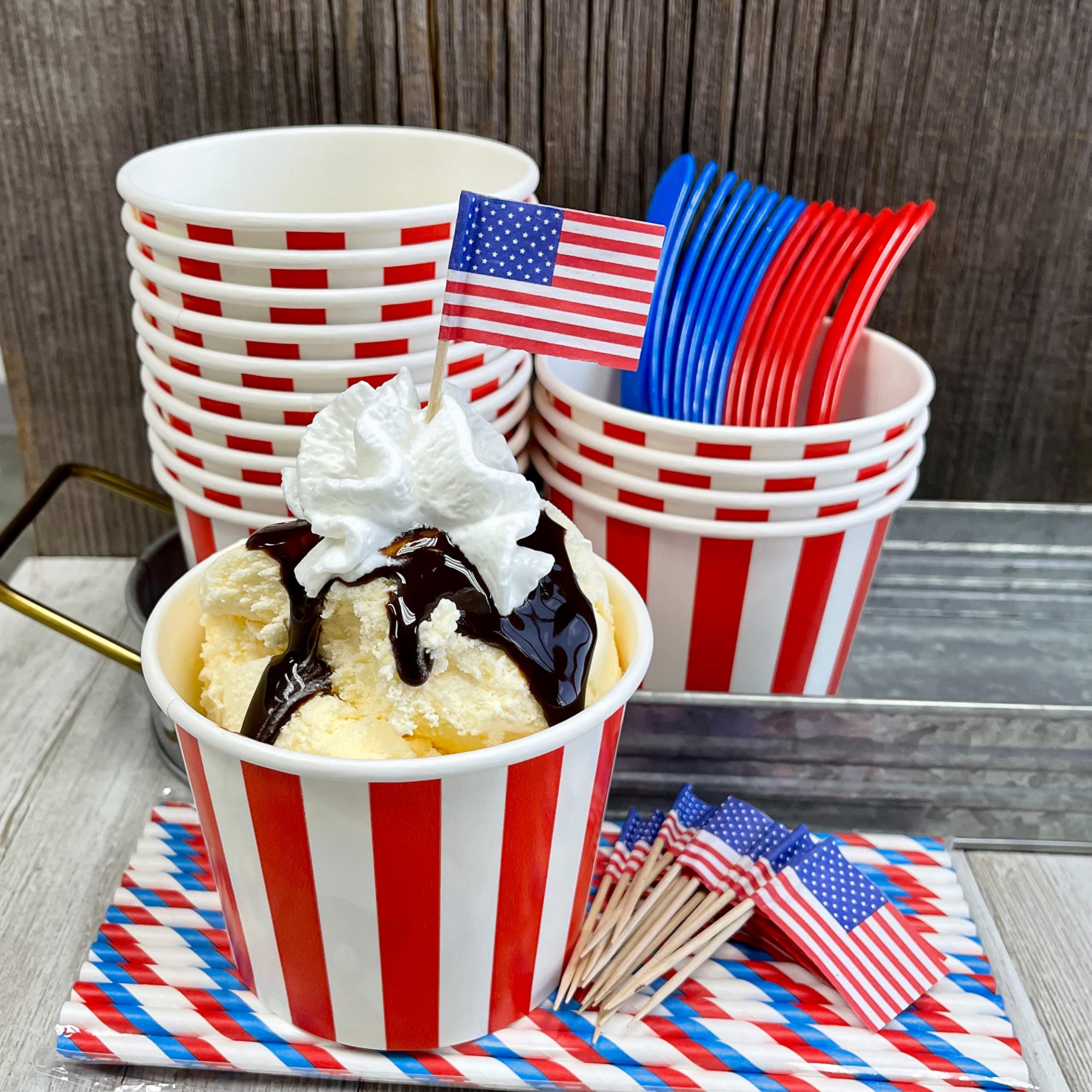 Outside the Box Papers Patriotic Ice Cream Sundae Kit - July Red and White Stripe Paper Treat Cups - Plastic Spoons - American Flag Picks - Paper Straws - 16 Each