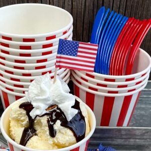 Outside the Box Papers Patriotic Ice Cream Sundae Kit - July Red and White Stripe Paper Treat Cups - Plastic Spoons - American Flag Picks - Paper Straws - 16 Each