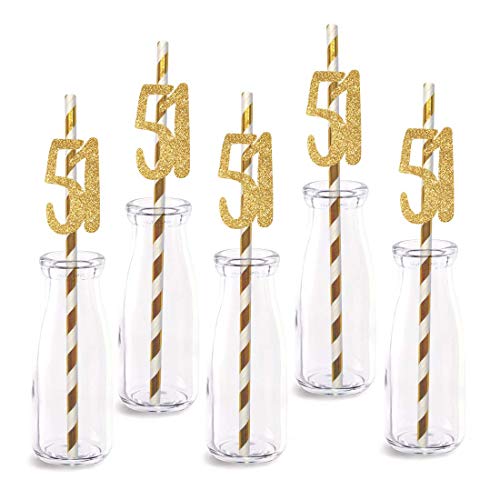 51st Birthday Paper Straw Decor, 24-Pack Real Gold Glitter Cut-Out Numbers Happy 51 Years Party Decorative Straws