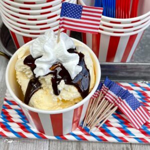 Outside the Box Papers Patriotic Ice Cream Sundae Kit - July Red and White Stripe Paper Treat Cups - Plastic Spoons - American Flag Picks - Paper Straws - 16 Each