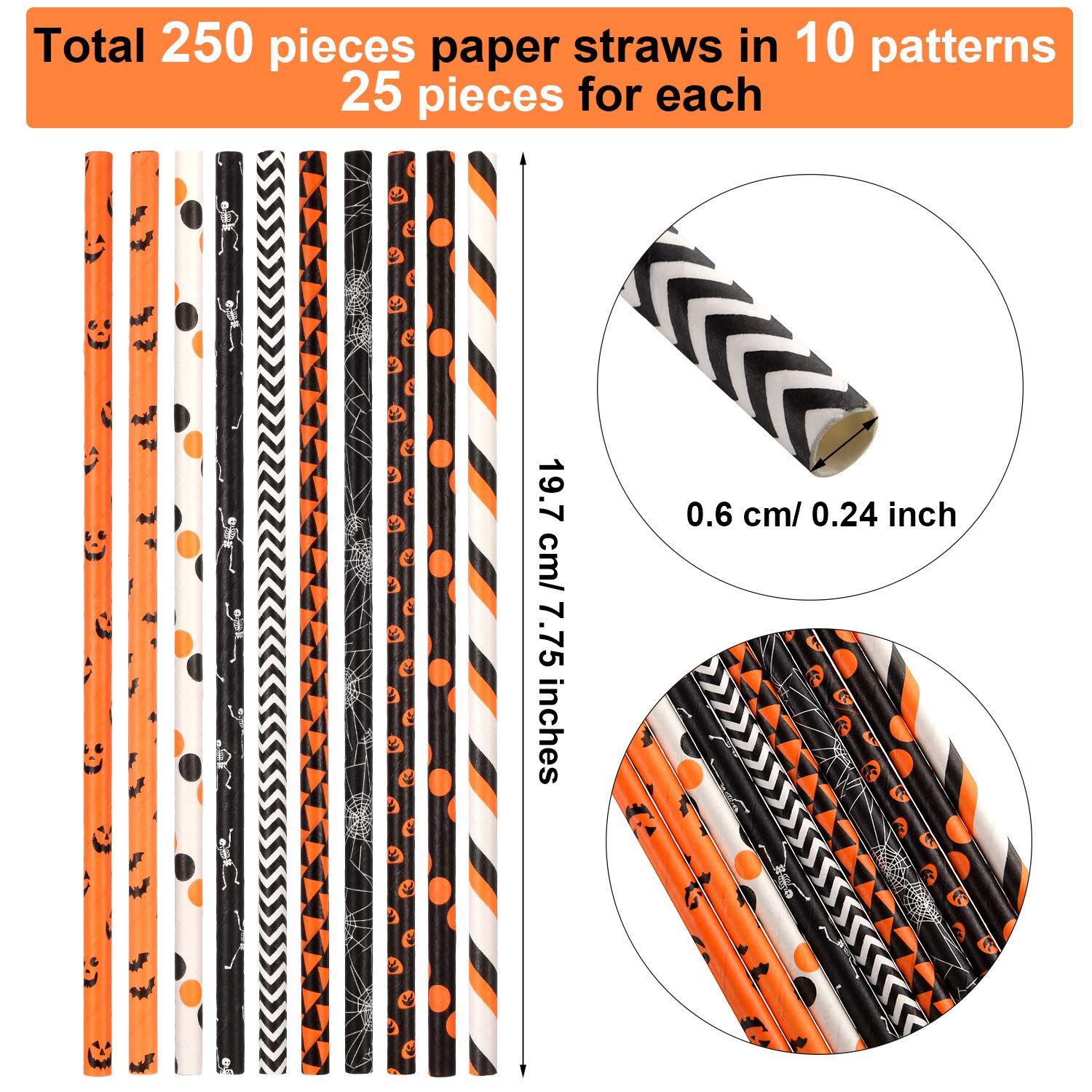 250 Pieces Halloween Drinking Straws Pumpkin Paper Straws Striped Paper Drinking Straws with Pumpkin Bat Spider Web Skeleton Pattern for Halloween Party Supplies, 10 Styles