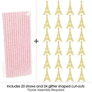 Gold Glitter Eiffel Tower Party Straws - No-Mess Real Gold Glitter Cut-Outs and Decorative Paris Themed Baby Shower or Birthday Party Paper Straws - Set of 24