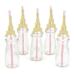 Gold Glitter Eiffel Tower Party Straws - No-Mess Real Gold Glitter Cut-Outs and Decorative Paris Themed Baby Shower or Birthday Party Paper Straws - Set of 24