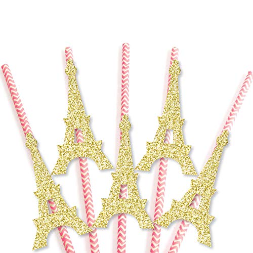 Gold Glitter Eiffel Tower Party Straws - No-Mess Real Gold Glitter Cut-Outs and Decorative Paris Themed Baby Shower or Birthday Party Paper Straws - Set of 24