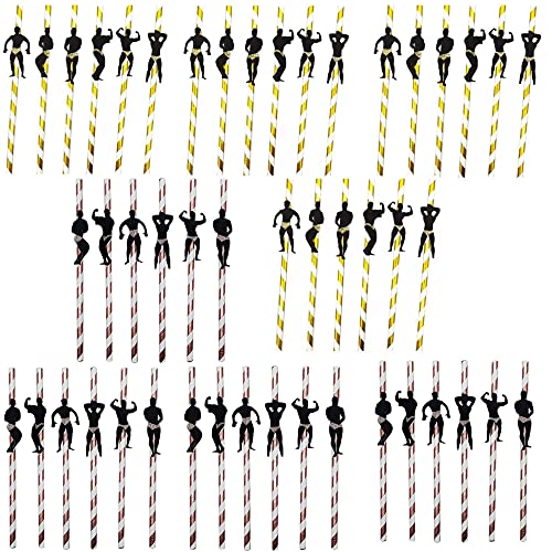 48PCS Stripper Pole Dancing Men Disposable Straws Gold Rose Gold Glitter Confetti Straw Black Muscle Male Shape Straws Cake Decoration Adult Bachelorette Party Decor