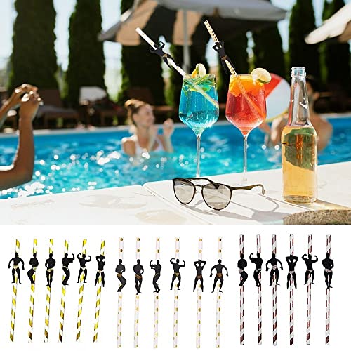 48PCS Stripper Pole Dancing Men Disposable Straws Gold Rose Gold Glitter Confetti Straw Black Muscle Male Shape Straws Cake Decoration Adult Bachelorette Party Decor