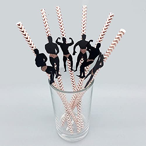 48PCS Stripper Pole Dancing Men Disposable Straws Gold Rose Gold Glitter Confetti Straw Black Muscle Male Shape Straws Cake Decoration Adult Bachelorette Party Decor