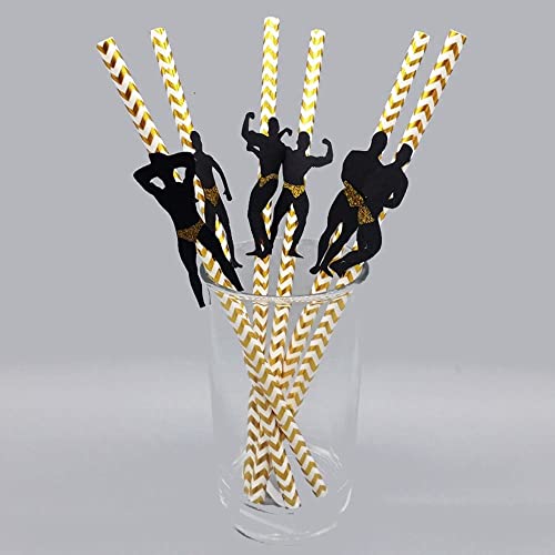 48PCS Stripper Pole Dancing Men Disposable Straws Gold Rose Gold Glitter Confetti Straw Black Muscle Male Shape Straws Cake Decoration Adult Bachelorette Party Decor