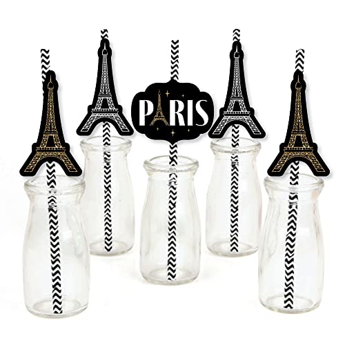 Big Dot of Happiness Stars Over Paris - Paper Straw Decor - Parisian Themed Party Striped Decorative Straws - Set of 24