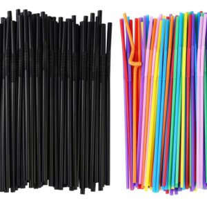 ALINK 300 PCS Flexible Plastic Drinking Straws, Black + Colored Disposable Bendy Party Fancy Straws