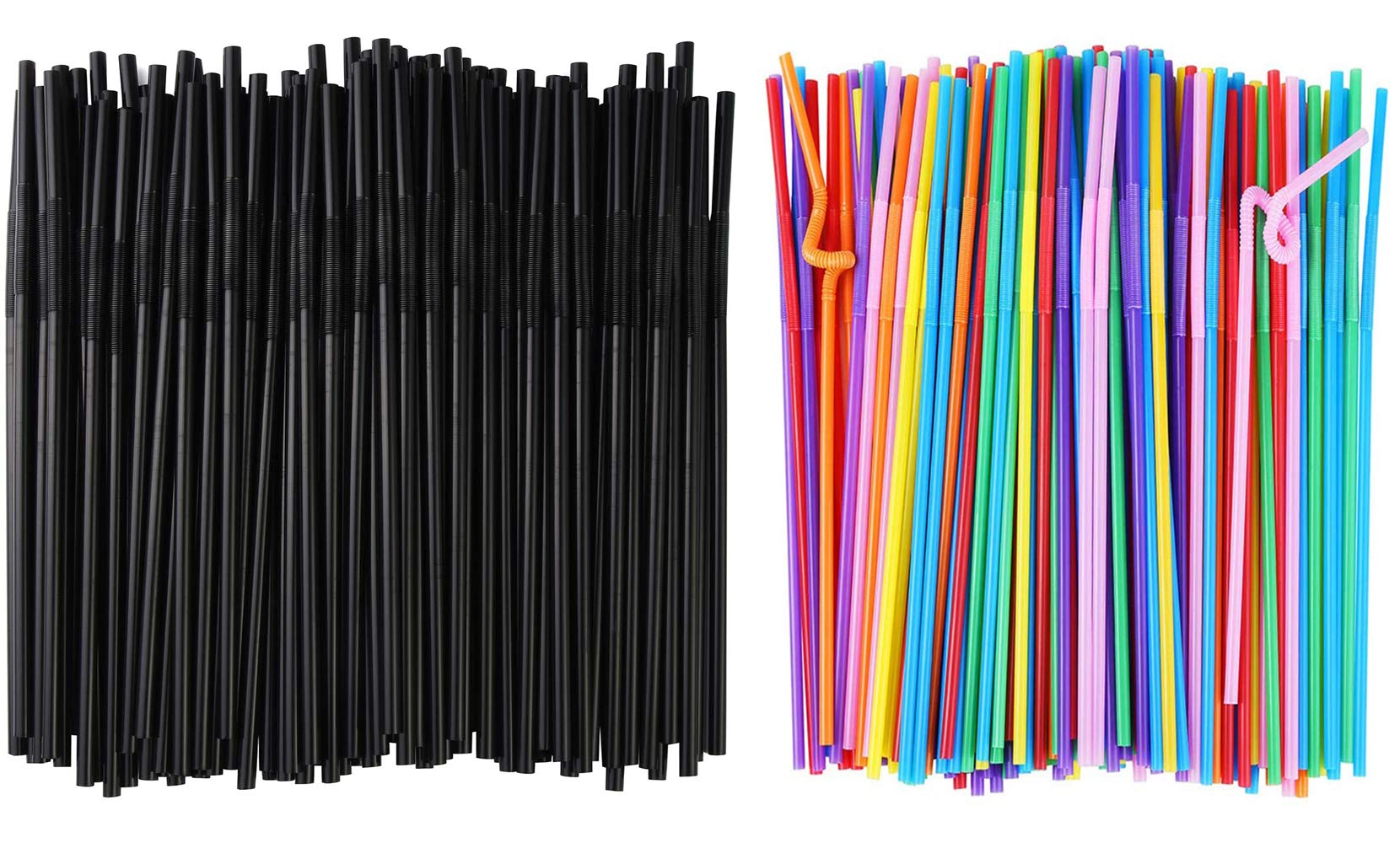 ALINK 300 PCS Flexible Plastic Drinking Straws, Black + Colored Disposable Bendy Party Fancy Straws