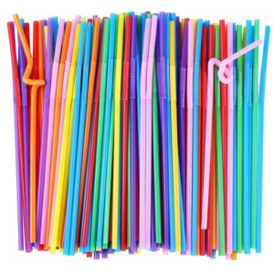 ALINK 300 PCS Flexible Plastic Drinking Straws, Black + Colored Disposable Bendy Party Fancy Straws