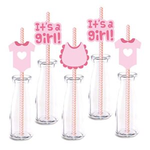 pink it's a girl straw decor, 24-pack girl baby shower or birthday party supply decorations, paper decorative straws