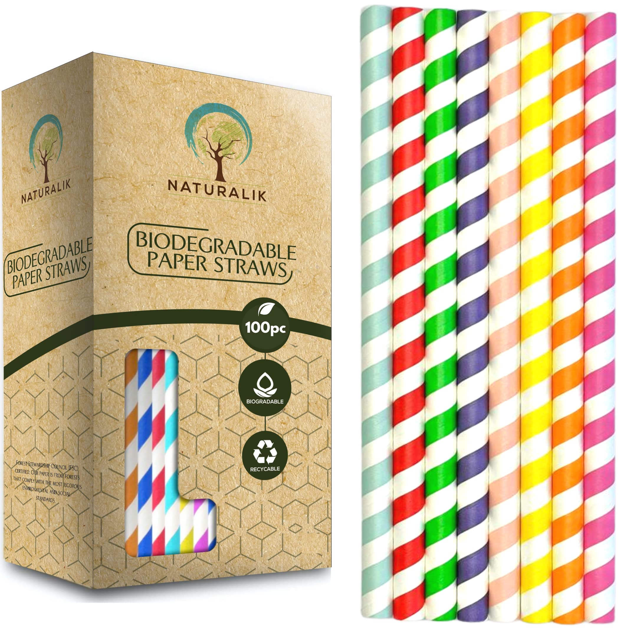 Naturalik 100-Pack Extra Durable Paper Straws Biodegradable (Multicolor, 100pc)