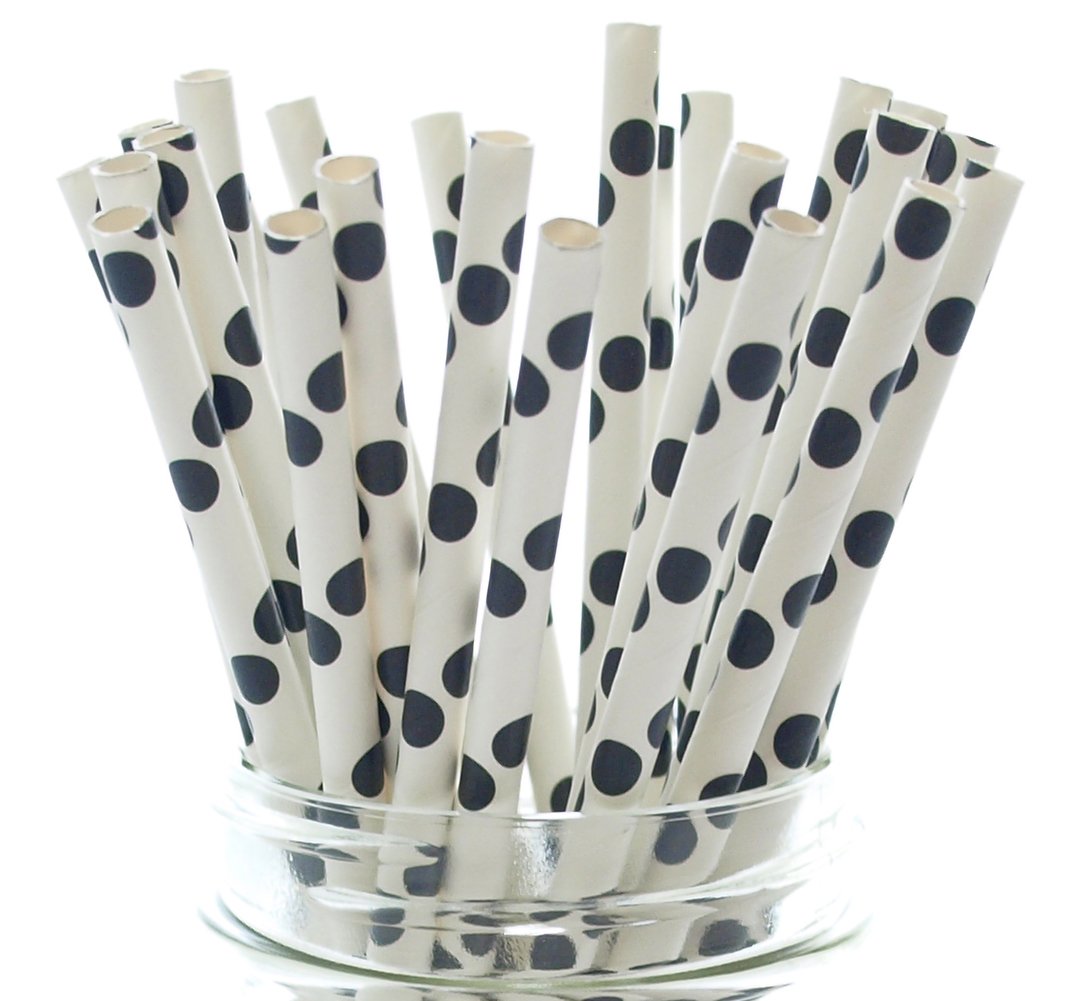 Black Polka Dotted Soda Straws - 25 Pack - Over the Hill Birthday Party Supplies, Graduation & Wedding Paper Straws, Halloween Party Straws, Black Polka Dot Straws