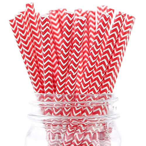 CleverDelights Red Chevron Paper Straws - 100 Pack - Biodegradable Drinking Straws