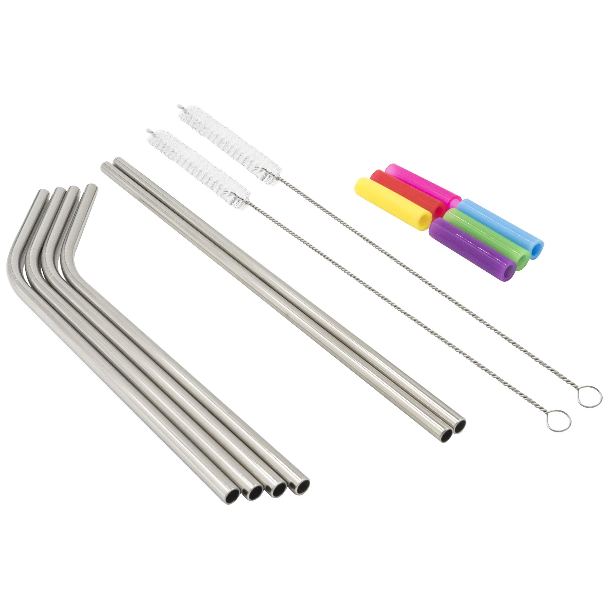 Chef Select Reusable Drinking Straws, Stainless Steel, 4 Bent, 2 Straight, 2 Cleaning Brushes, 6 Silicone Flex Tips - Mixing Drinks or on the Go