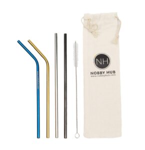 reusable stainless steel drinking straws, set of 4, 2 bent, 2 straight, all different colored, in cloth bag, and free cleaning brush, help save the environment