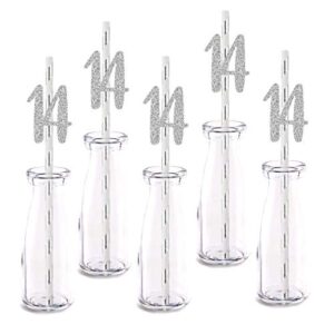 silver happy 14th birthday straw decor, silver glitter 24pcs cut-out number 14 party drinking decorative straws, supplies