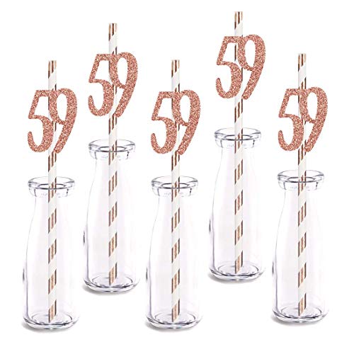 Rose Happy 59th Birthday Straw Decor, Rose Gold Glitter 24pcs Cut-Out Number 59 Party Drinking Decorative Straws, Supplies