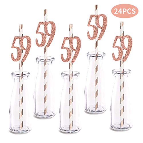 Rose Happy 59th Birthday Straw Decor, Rose Gold Glitter 24pcs Cut-Out Number 59 Party Drinking Decorative Straws, Supplies