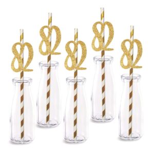 82nd birthday paper straw decor, 24-pack real gold glitter cut-out numbers happy 82 years party decorative straws