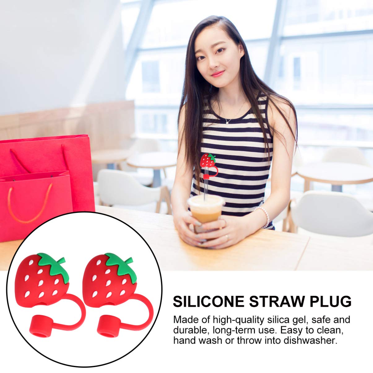 Garneck 2Pcs Silicone Straw Tips Cover Cute Strawberry Reusable Drinking Straw Tips Lids Dust- Proof Plugs Cap Protector Airtight Seal Proof