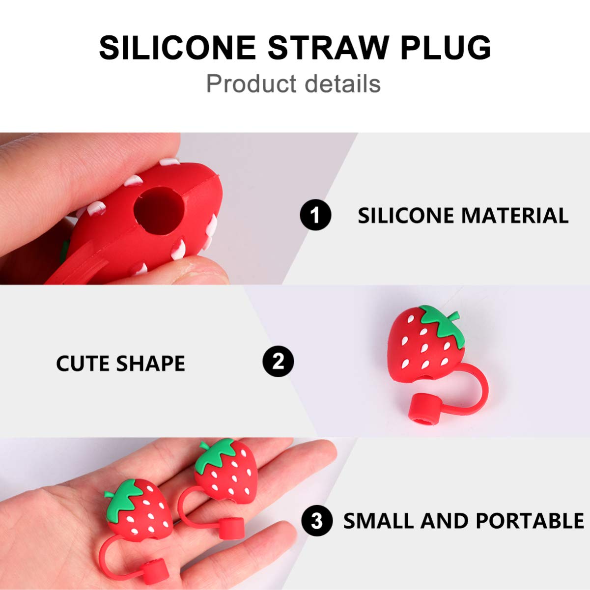 Garneck 2Pcs Silicone Straw Tips Cover Cute Strawberry Reusable Drinking Straw Tips Lids Dust- Proof Plugs Cap Protector Airtight Seal Proof