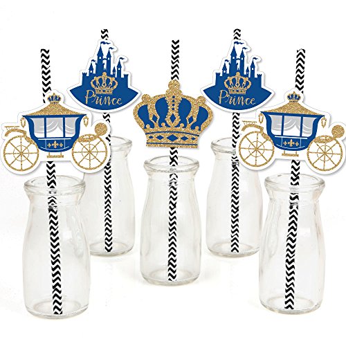 Royal Prince Charming - Paper Straw Decor - Baby Shower or Birthday Party Striped Decorative Straws - Set of 24